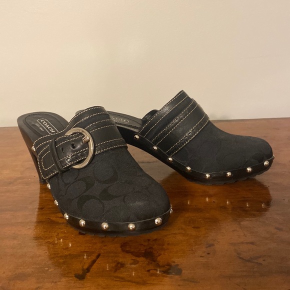 Coach | Shoes | Coach Black Logo Belted Clogs Size | Poshmark
